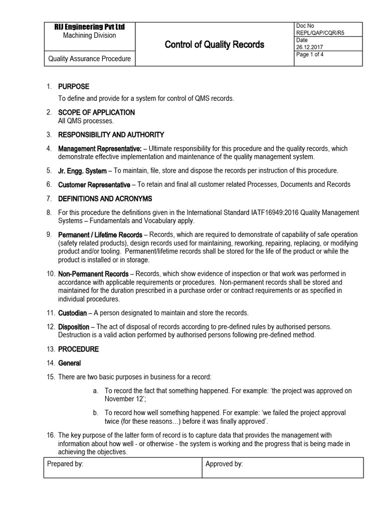 5) Control of Quality Records | PDF | Quality Assurance | Quality ...
