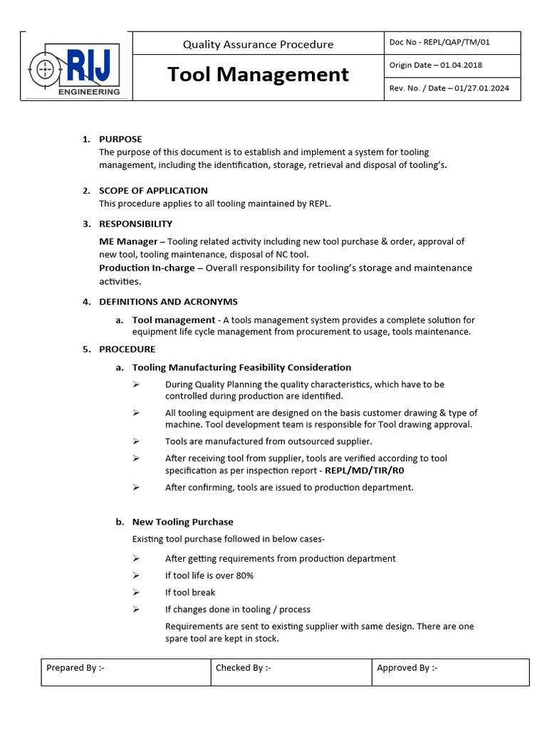 23) Tooling Management Procedure | PDF | Production And Manufacturing ...