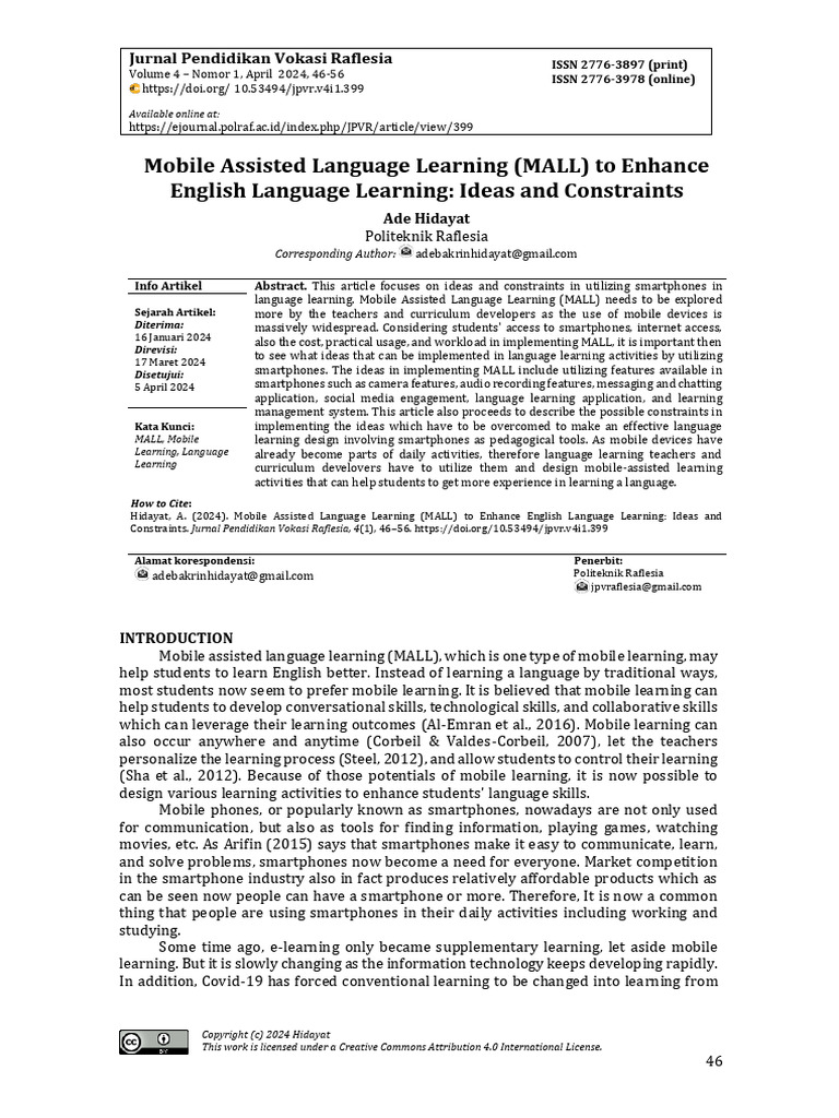 Mobile Assisted Language Learning (MALL) to Enhance English Language ... Mobile Assisted Language Learning (MALL) to Enhance English Language ...