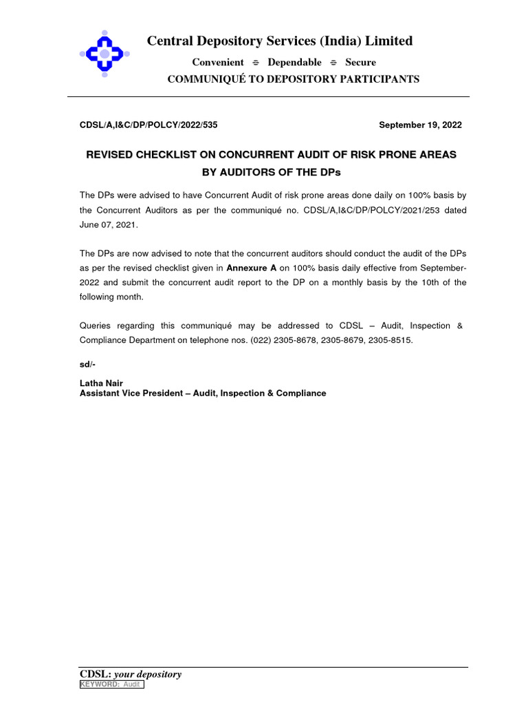 Communiques - DP - DP 535 Concurrent Audit of Risk Prone Areas by Auditors of The DPs | PDF ...