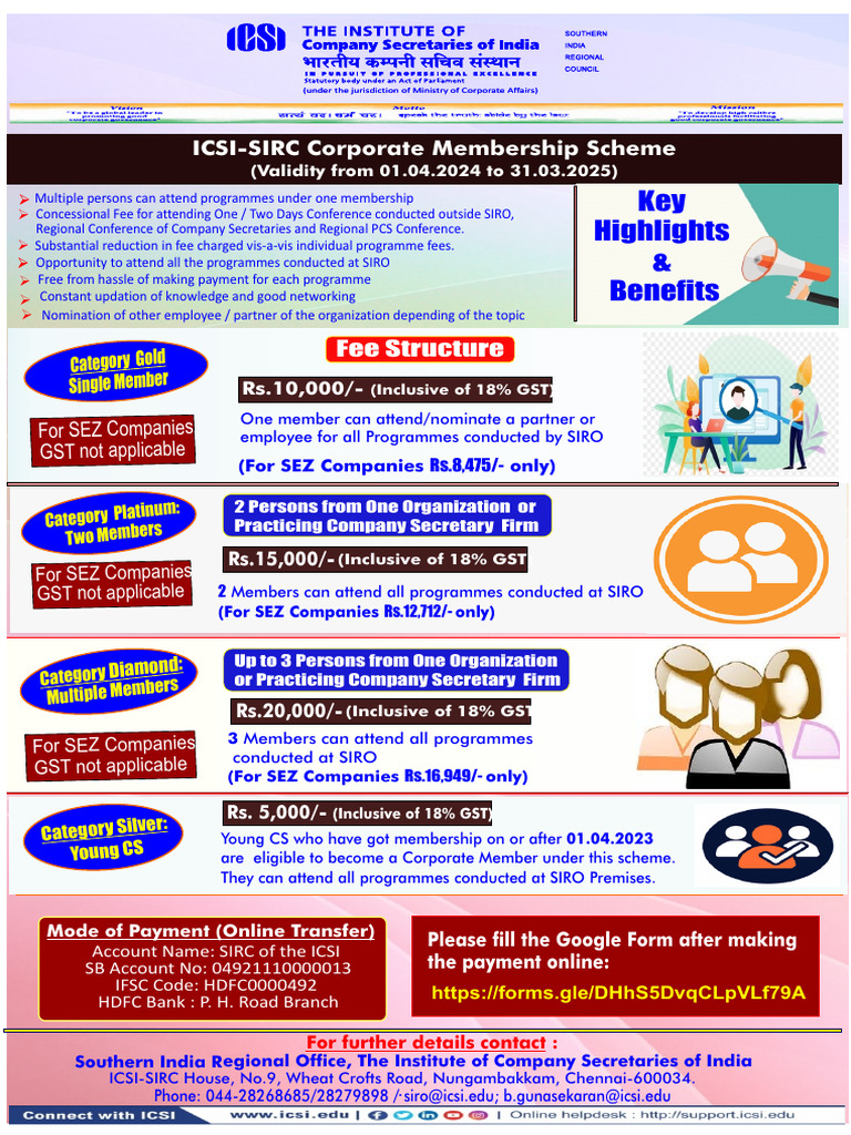 Key Highlights & Benefits: ICSI-SIRC Corporate Membership Scheme | PDF | Business | Payments
