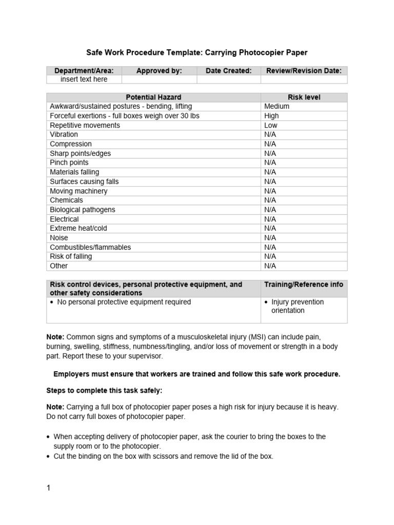 SWP CarryingPhotocopierPaper 22SWMB | PDF | Safety | Working Conditions