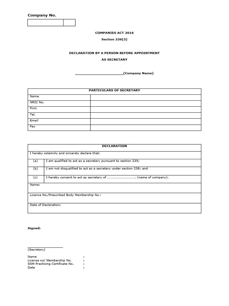 Declaration by Person Before Appointment As Secretary S 2363 Amended09 | PDF