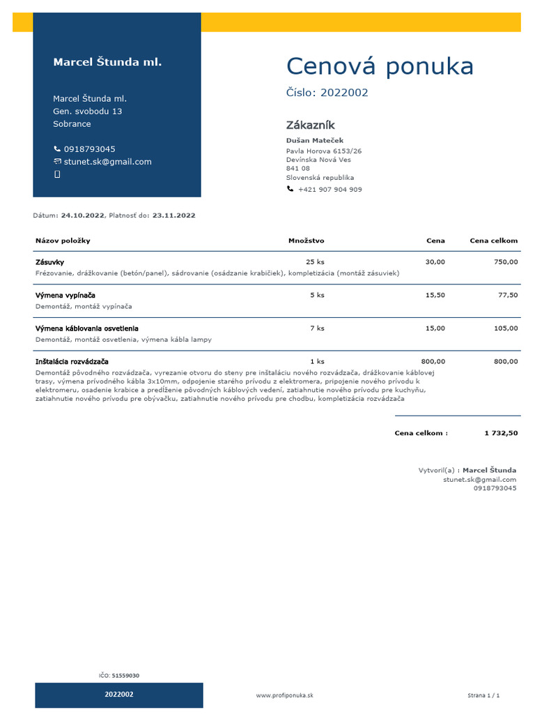 Cenová Ponuka: Marcel Štunda ML | PDF