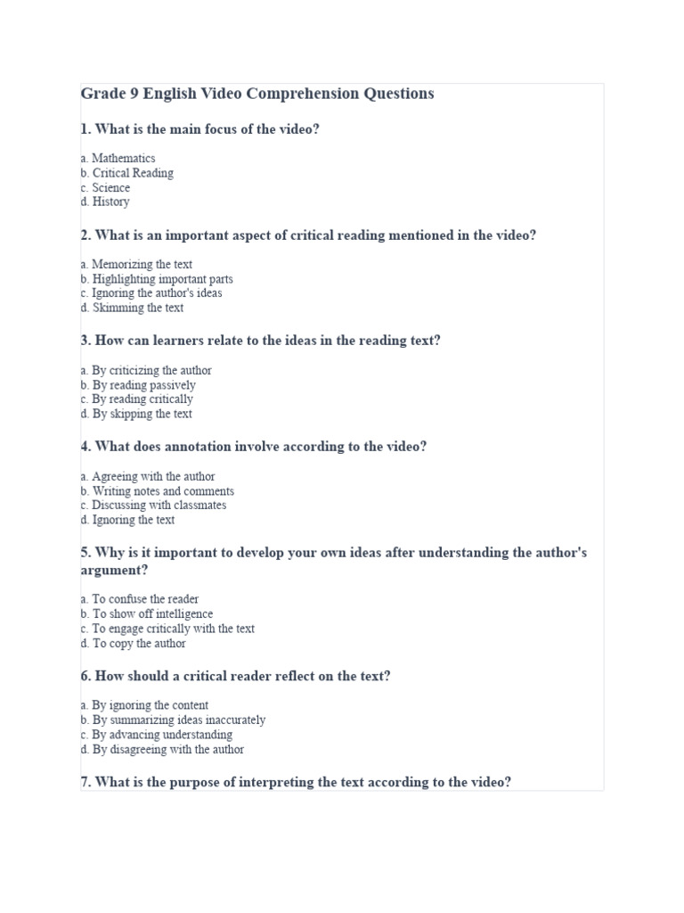 Grade 9 Critical Reading Questions | PDF | Reading Comprehension | Thought