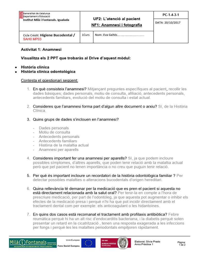 Activitat 1 Anamnesi Qüestionari - Docx Eva | PDF