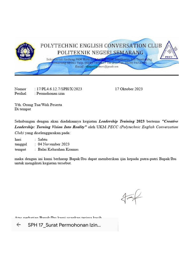 SPH 17 - Surat Permohonan Izin Orang Tua Leadership Training 2023 | PDF