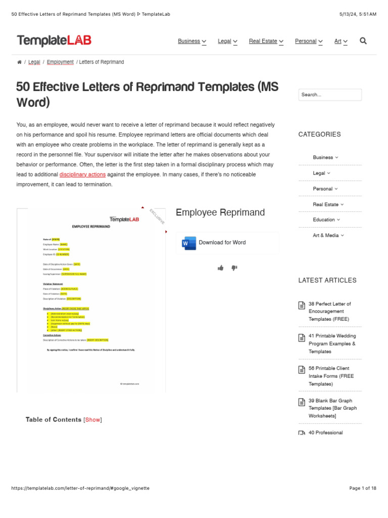 50 Effective Letters of Reprimand Templates (MS Word) TemplateLab | PDF ...