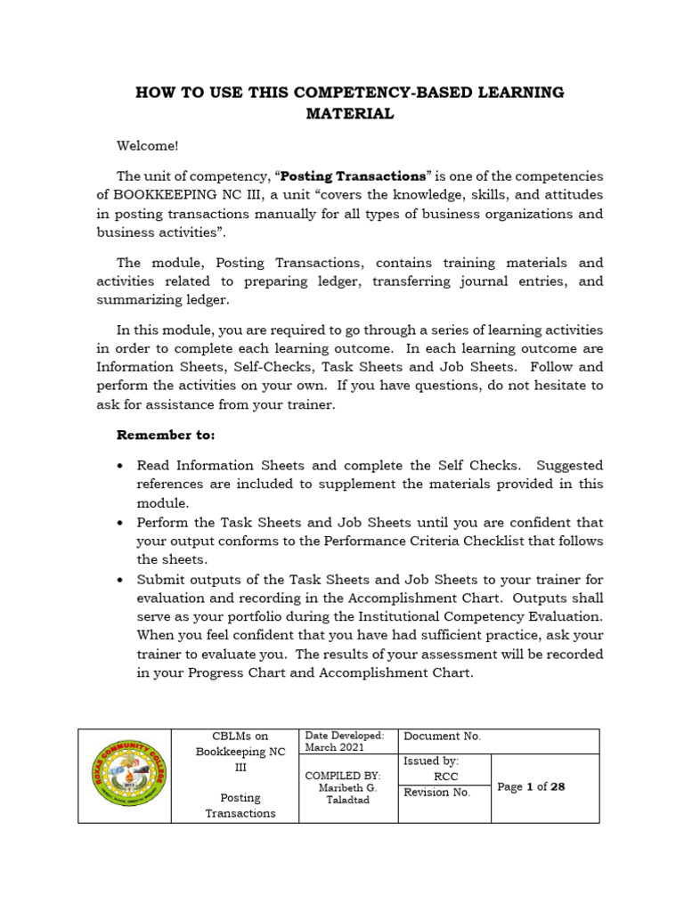 CBLM Posting Transactions in Bookkeeping NC III | PDF | Debits And ...