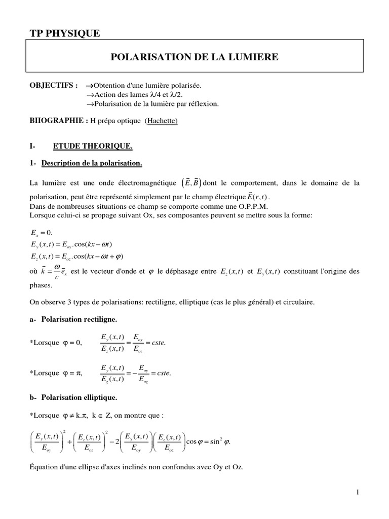 Polarisation de la lumière en TP | PDF | Polarisation (optique ...