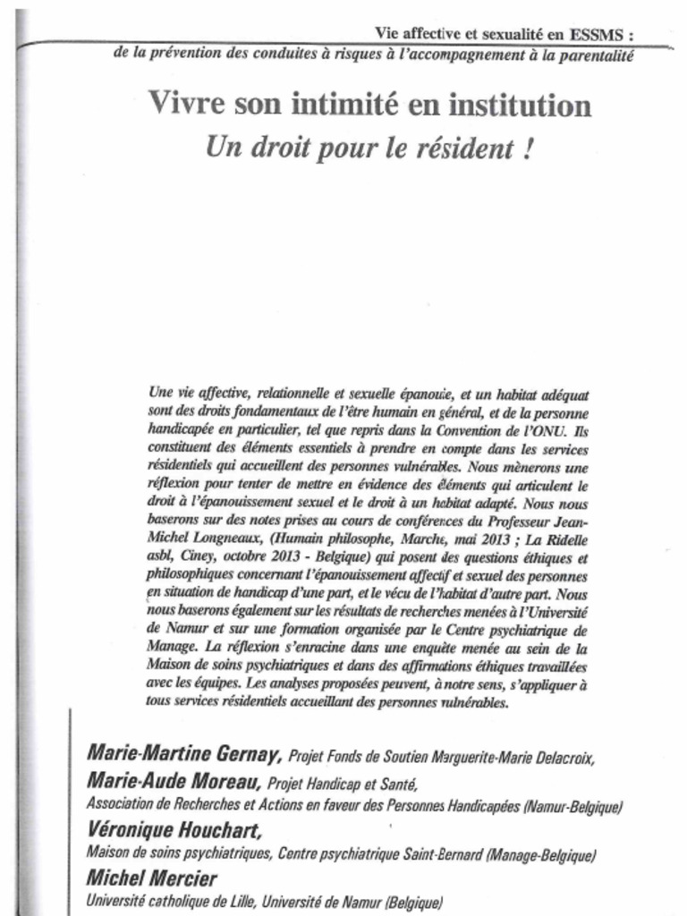 Article Vivre Son Intimité en Institution Un Droit Pour Le Résident | PDF