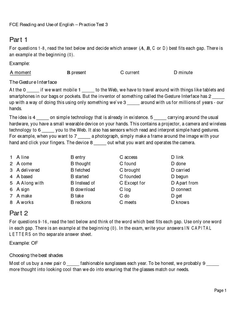 FCE Reading & Use of English Test 3 | PDF | Sunglasses