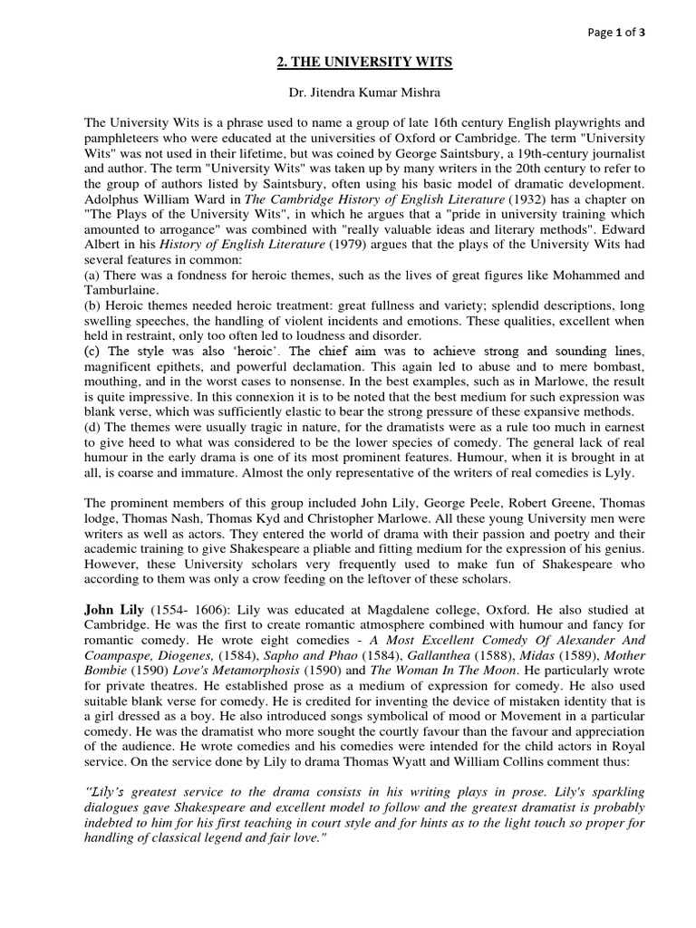 Overview of the University Wits | PDF | English Renaissance Dramatists