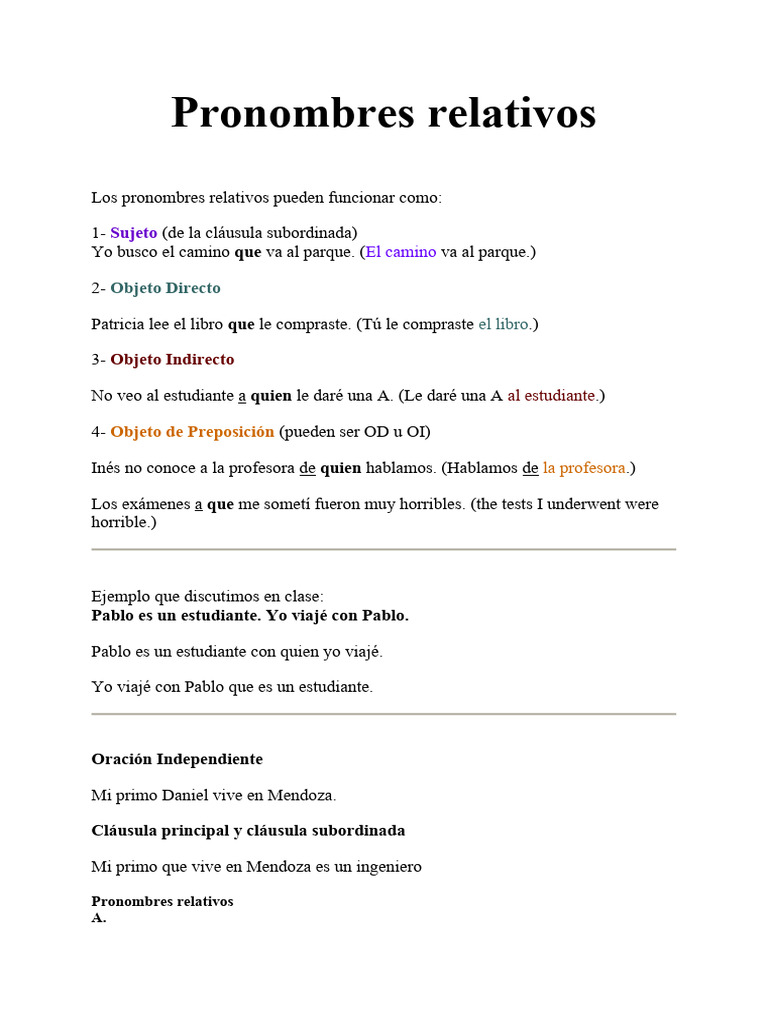 Hoja De Trabajo De Pronombres Relativos En Formato Pdf