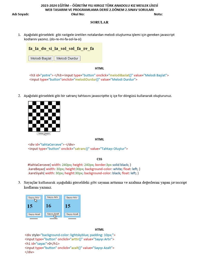 Web Tasarım Ve Programlama Dersi 2. Dönem 2. Yazılı Soruları | PDF