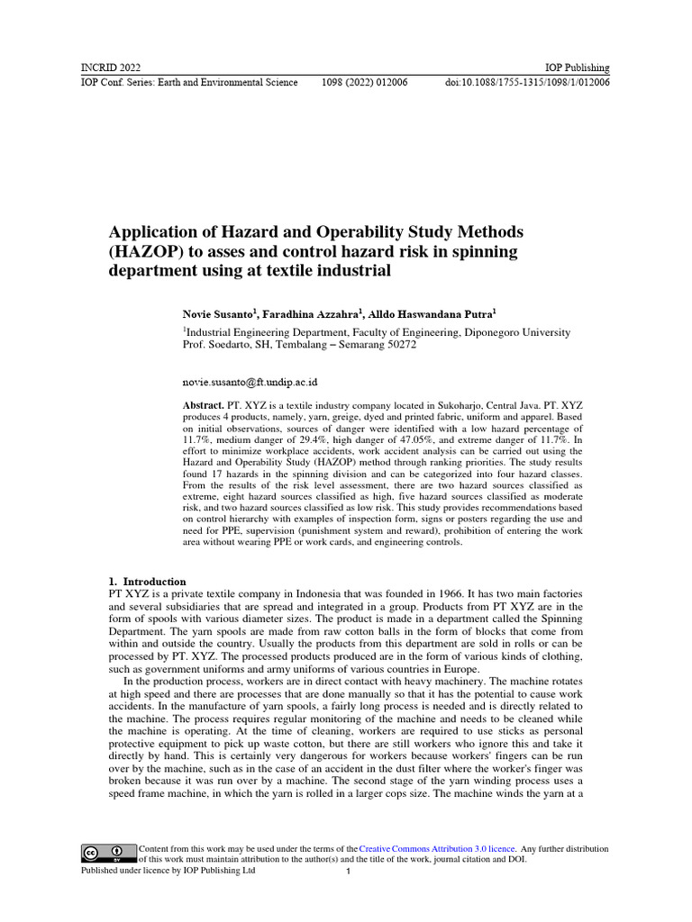 Application of Hazard and Operability Study Methods (HAZOP) to asses ... Application of Hazard and Operability Study Methods (HAZOP) to asses ...