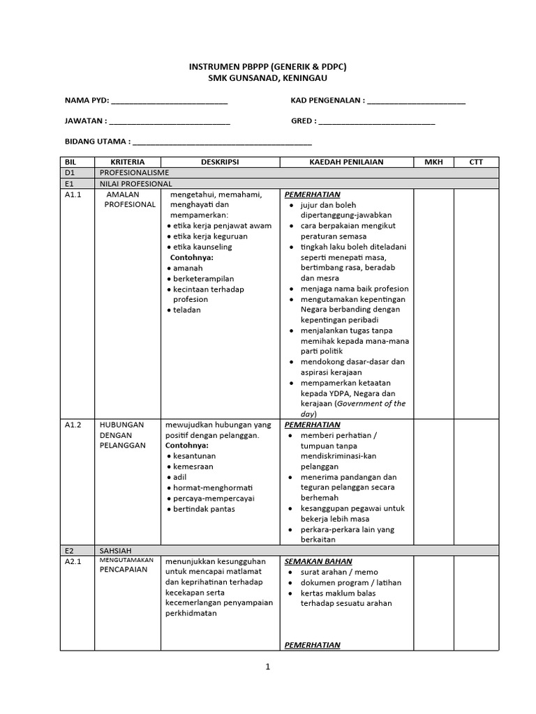 SENARAI SEMAK PENILAIAN PBPPP (Generik&PDP) | PDF