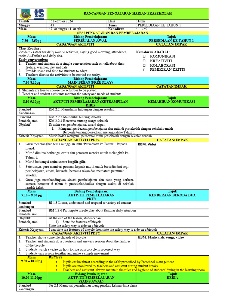 RPH Minggu 43 - Persediaan Ke Tahun 1 | PDF