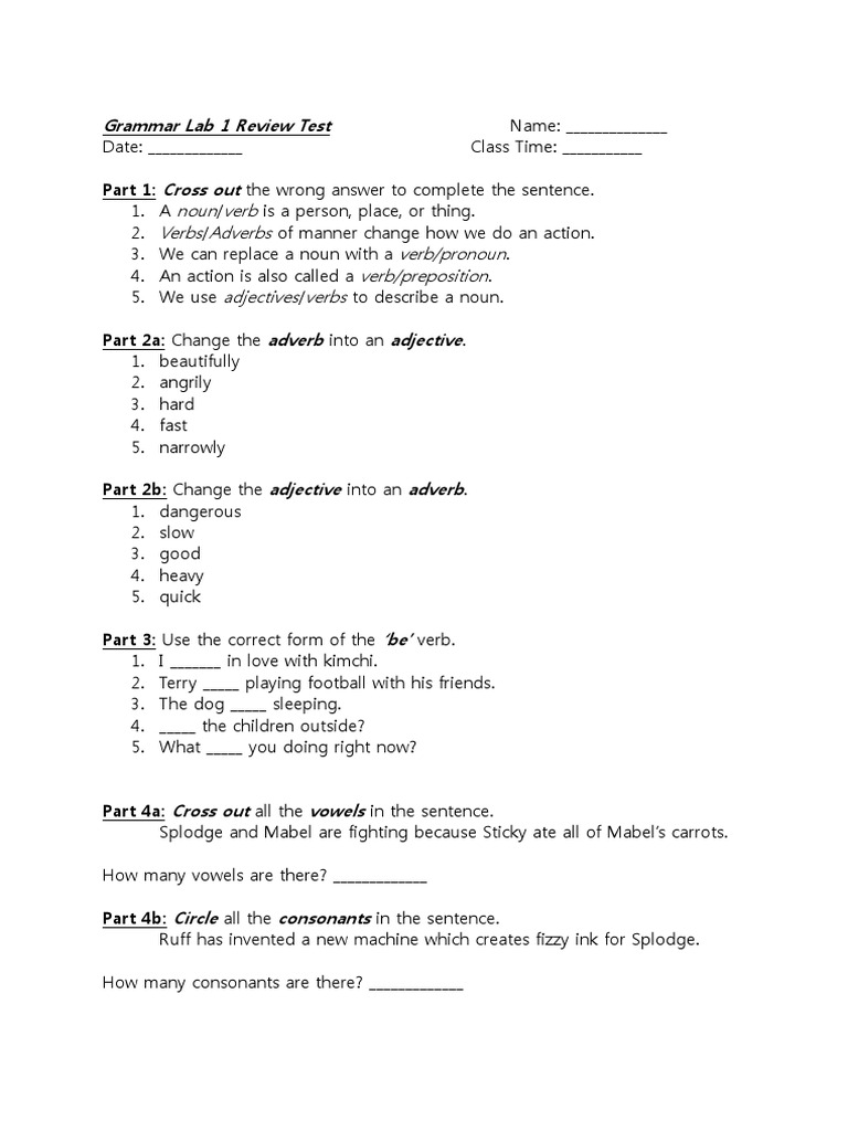 Grammar Lab 1 Review Test | PDF | Adverb | Noun