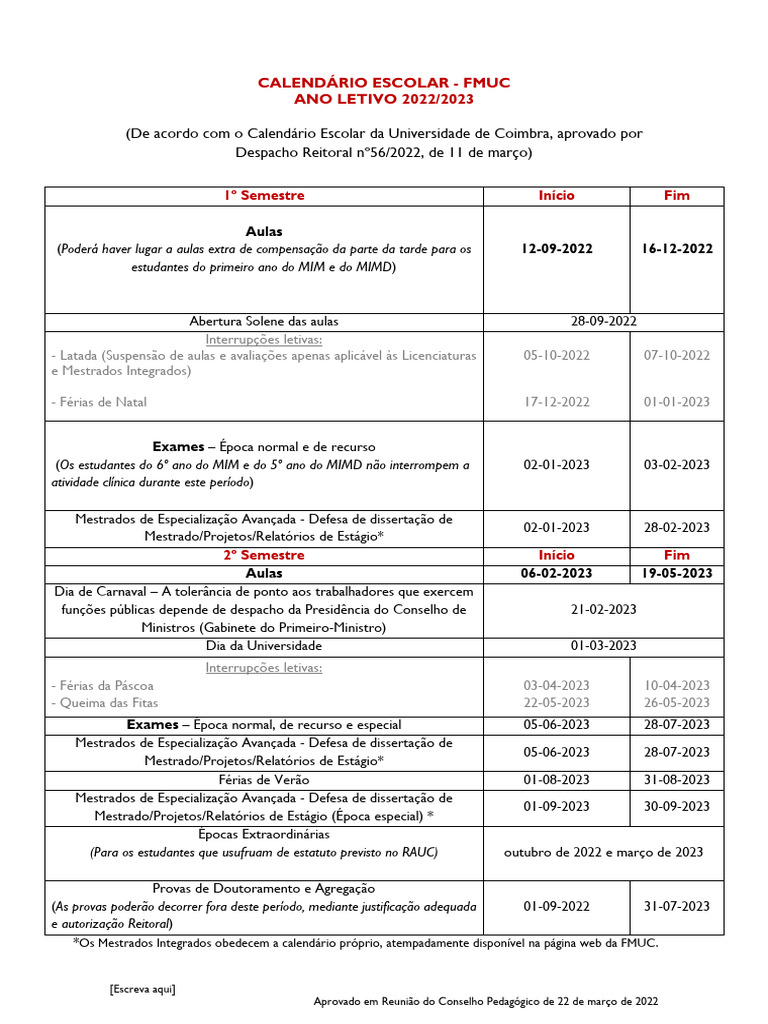 Calendário Escolar Da FMUC 2022-2023 | PDF