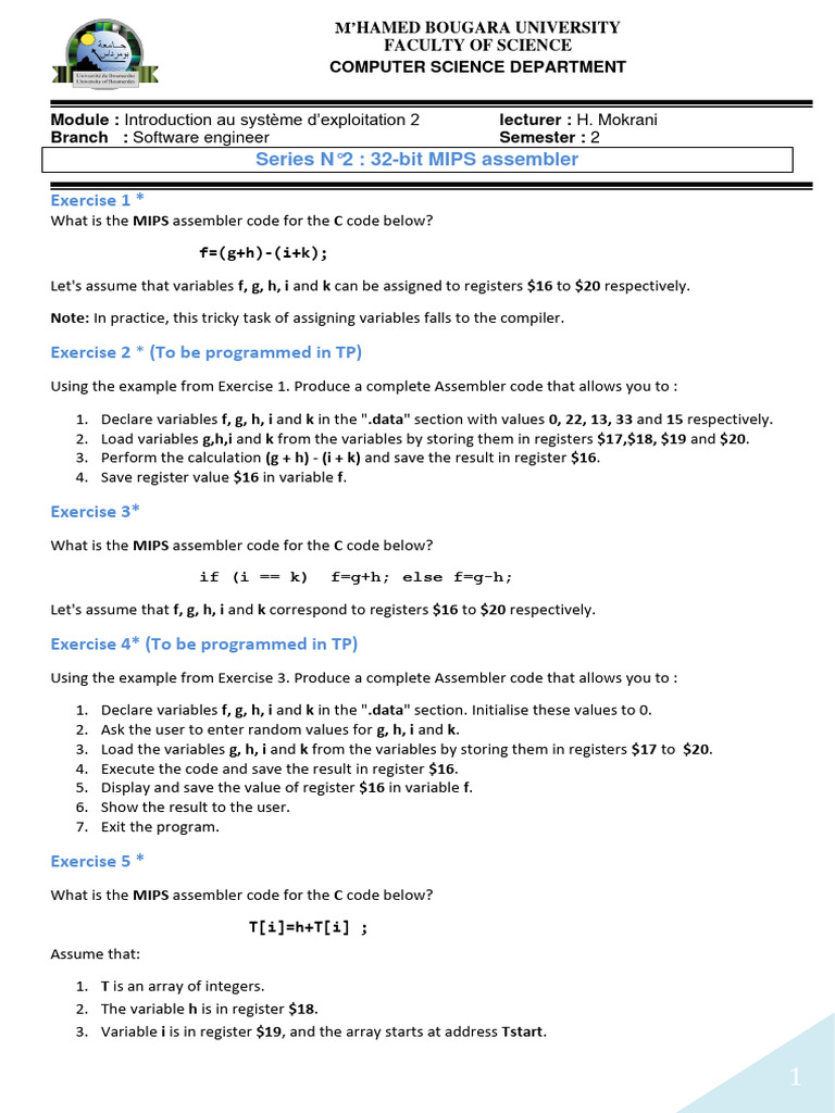 MIPS Assembly Exercises for Software Engineers | PDF | Assembly ...