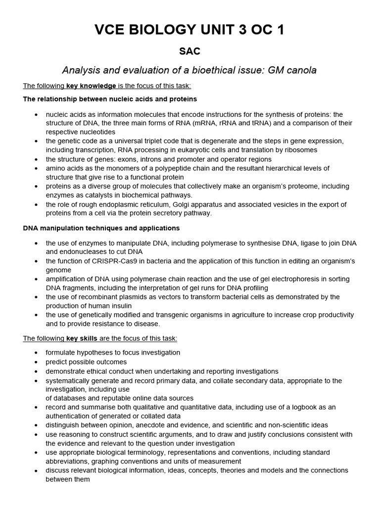 VCE BIOLOGY UNIT 3 OC 1 Revision Dot Points | PDF | Dna | Proteins