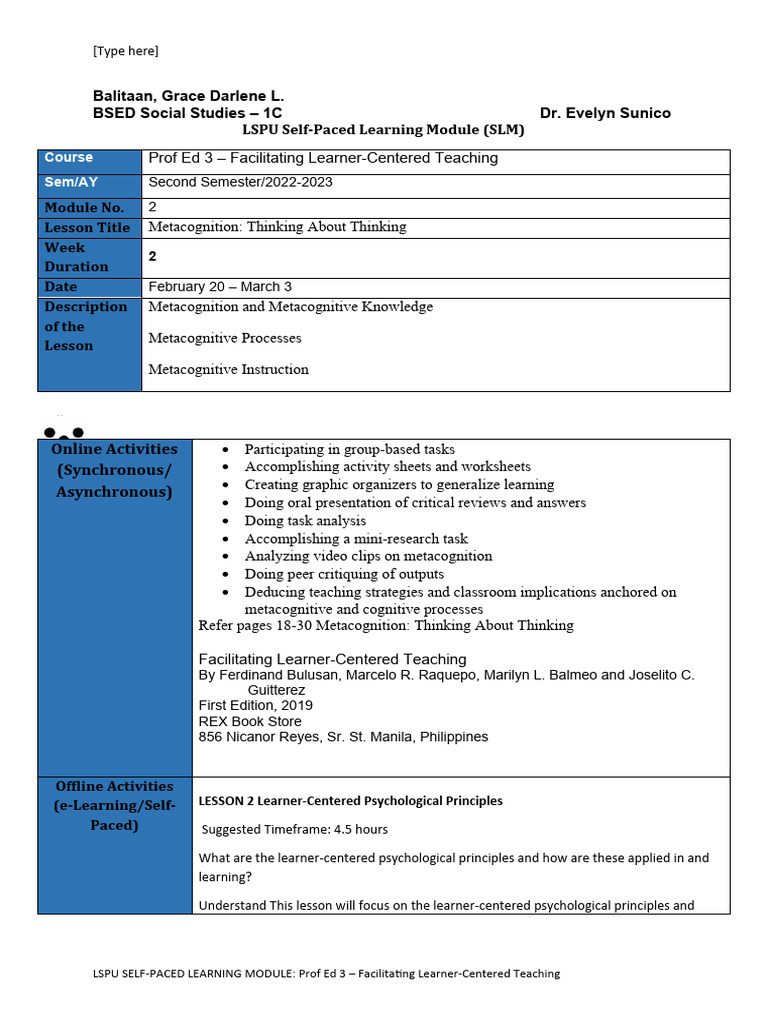 2module BSED BTLED PROFED3-Module2 | PDF | Learning | Metacognition