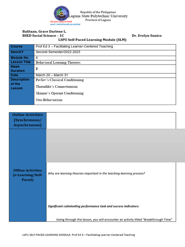4module BSED BTLED PROFED3-Module4 | PDF | Learning | Learning Theory (Education)