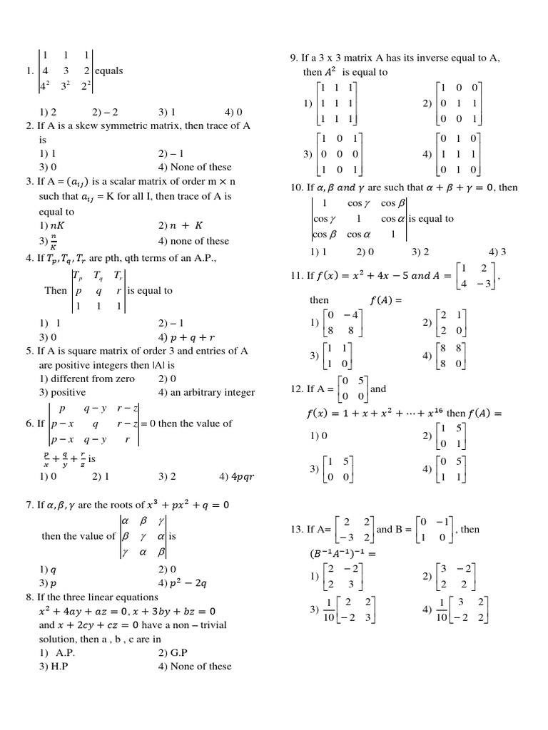Matrices and Determinants | PDF | Matrix (Mathematics) | System Of Linear Equations
