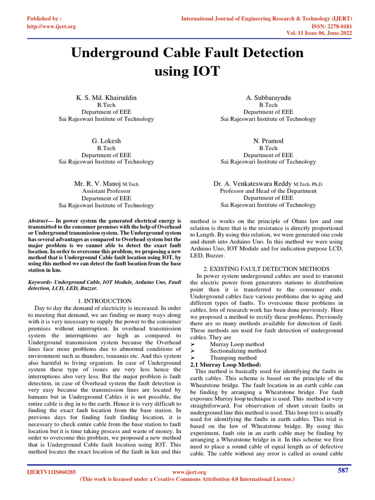 Underground Cable Fault Detection Using Iot IJERTV11IS060285 | PDF | Arduino | Internet Of Things