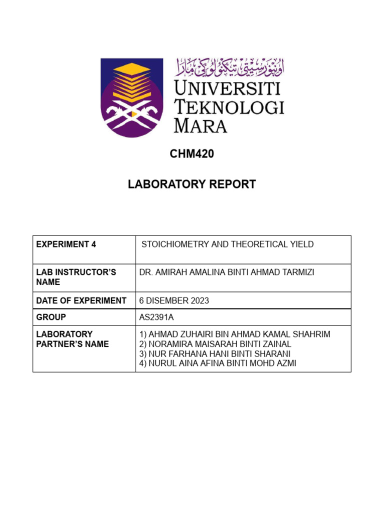 Lab Report Experiment 4 | PDF | Stoichiometry | Chemistry