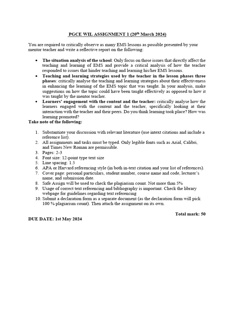 EMS PGCE WIL ASSIGNMENT 1 - April 2024 | PDF | Learning | Mentorship