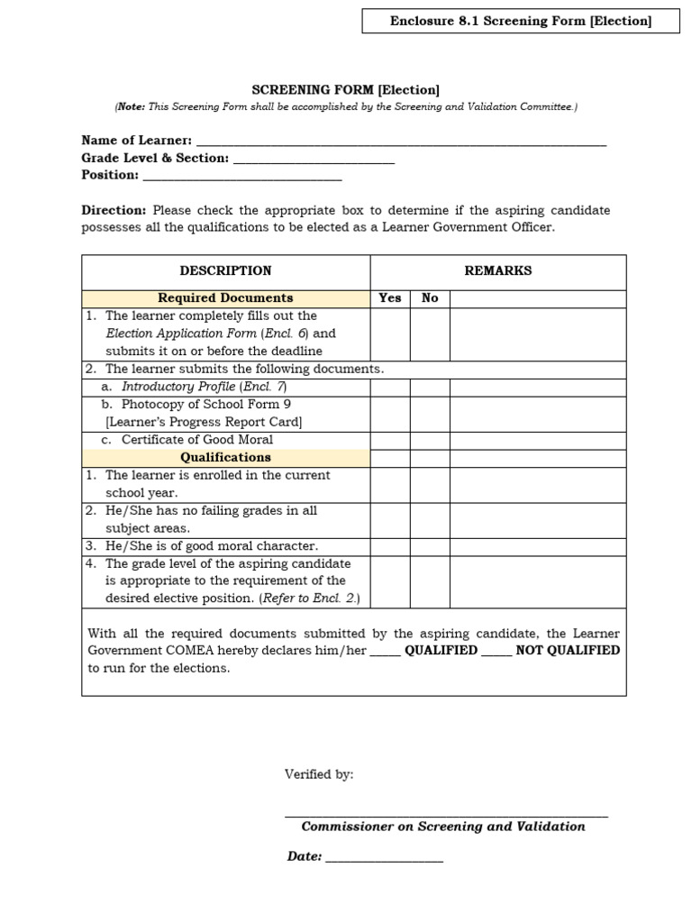 Election Screening Form for Learner Officers | PDF
