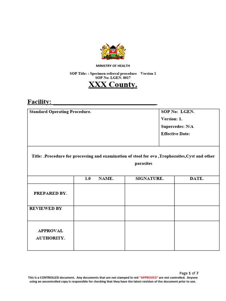 Stool Examination for Ova and Cysts Procedure | PDF