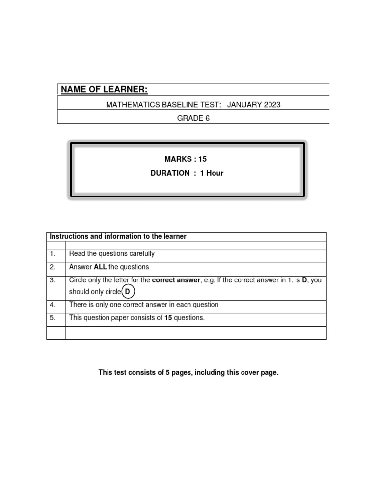 Grade 6 Term 1 2022 MATHEMATICS BASELINE TEST | PDF | Mathematics ...