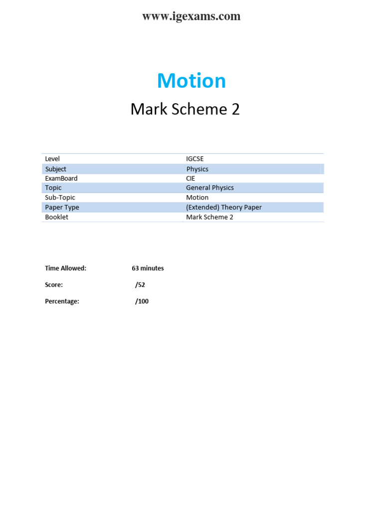 IGCSE Physics Motion Mark Scheme | PDF | Force | Velocity