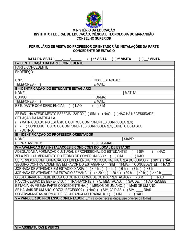 Formulário de Visita Do Professor Orientador Às Instalações Da Parte ...