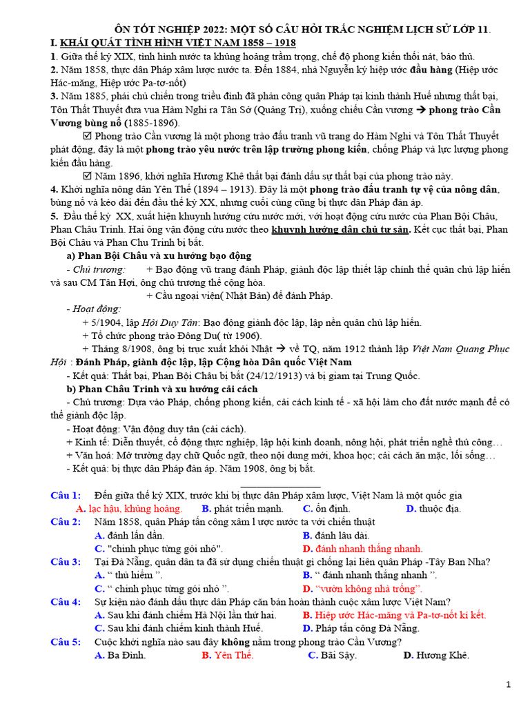 Cau Hoi Lich Su 11 | PDF