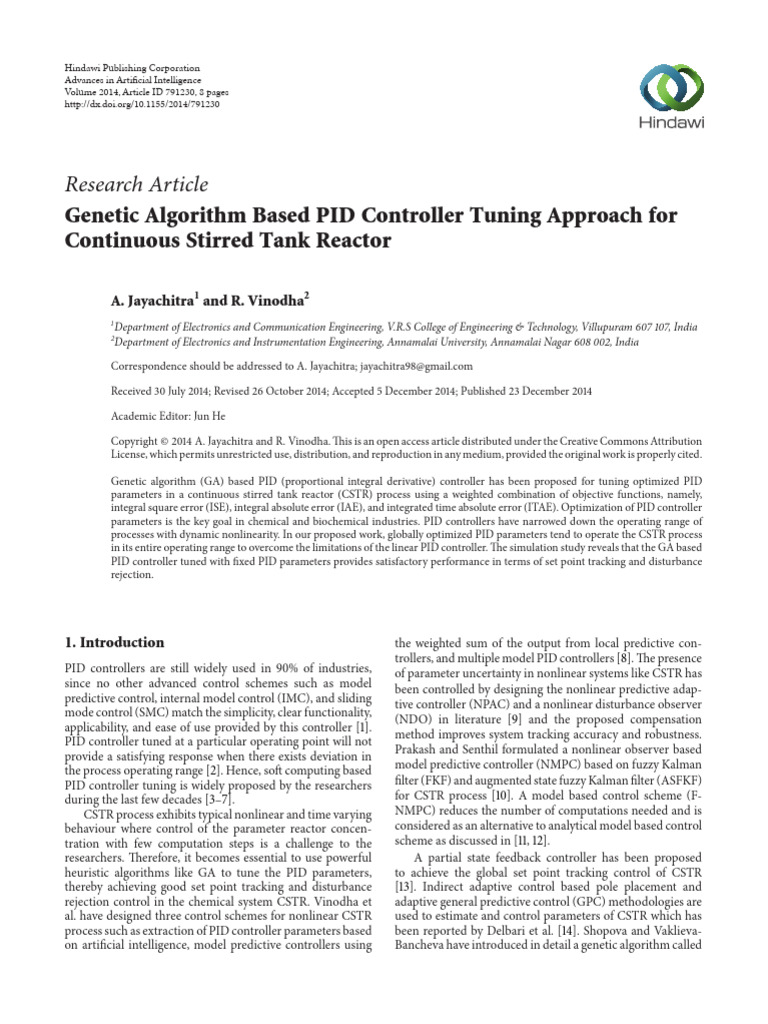 Research Article: Genetic Algorithm Based PID Controller Tuning Approach For Continuous Stirred ...