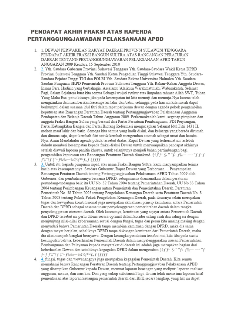 Pendapat Akhir Fraksi Atas Raperda Pertanggungjawaban Pelaksanaan Apbd | PDF | Bisnis ...
