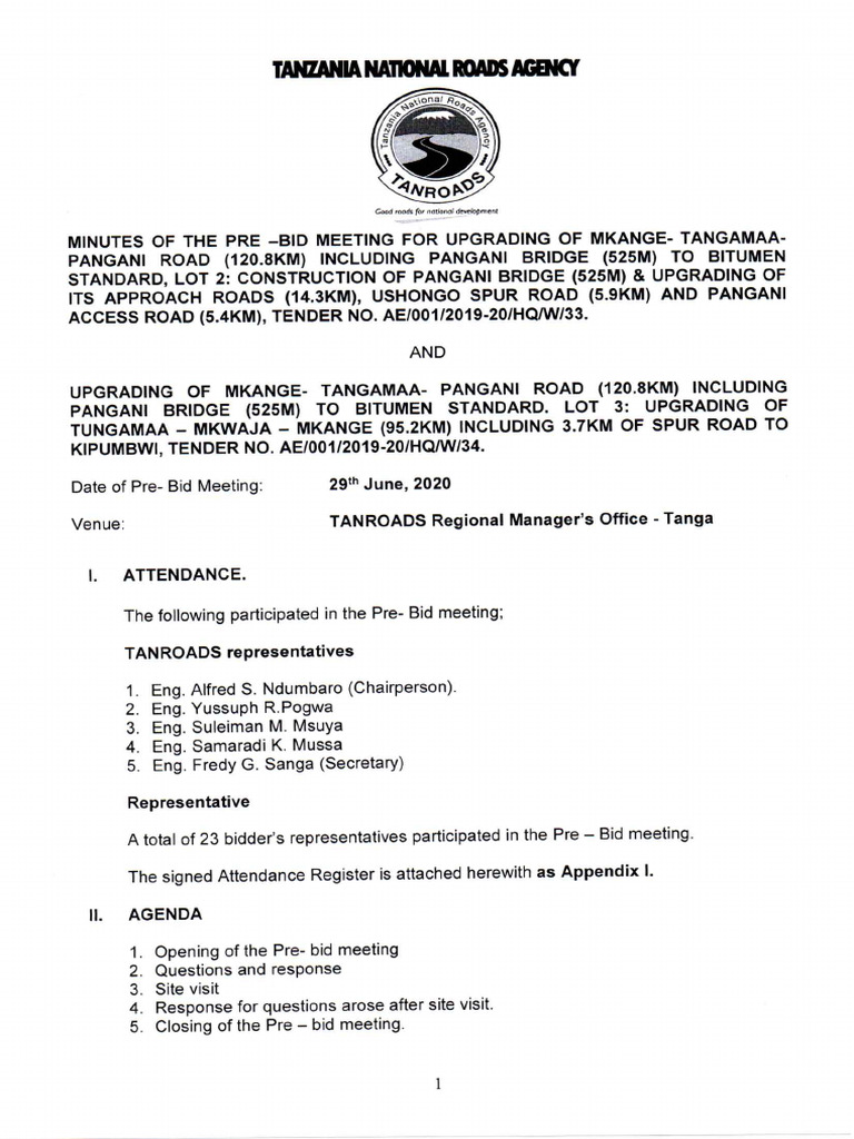 15.7.20 Pre-Meeting Minutes Mkange - Tungamma - Pangani RD | PDF