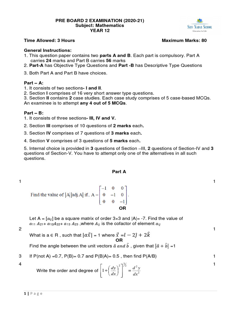 Pre Board 2 Examination (2020-21) Subject: Mathematics Year 12 Time Allowed: 3 Hours Maximum ...