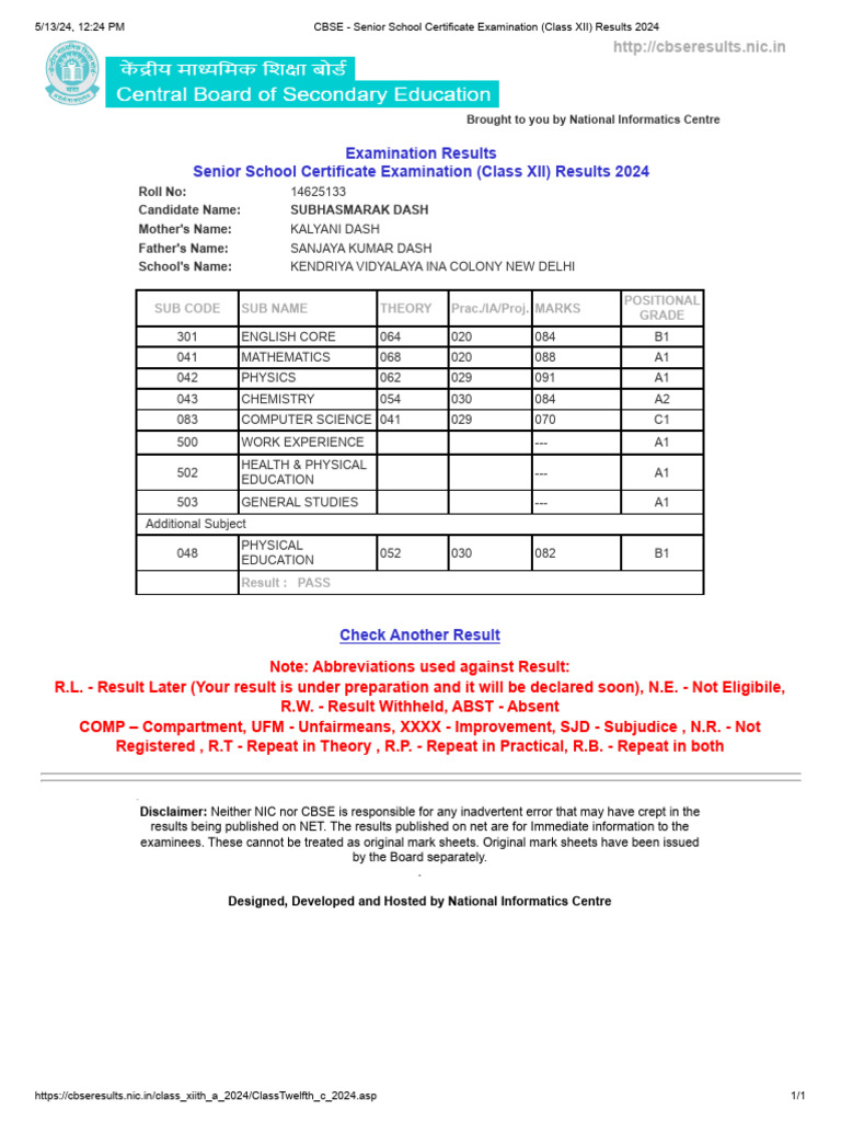 CBSE - Senior School Certificate Examination (Class XII) Results 2024 ...