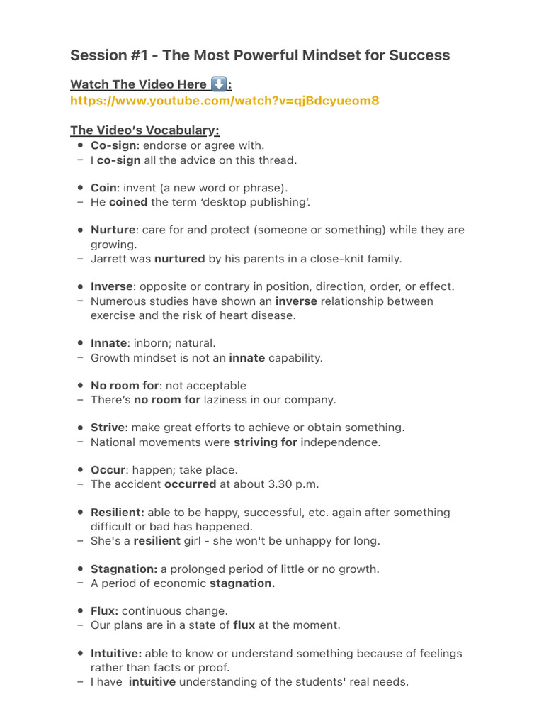 Success Mindset Vocabulary Guide | PDF | Mindset | Stress (Biology)