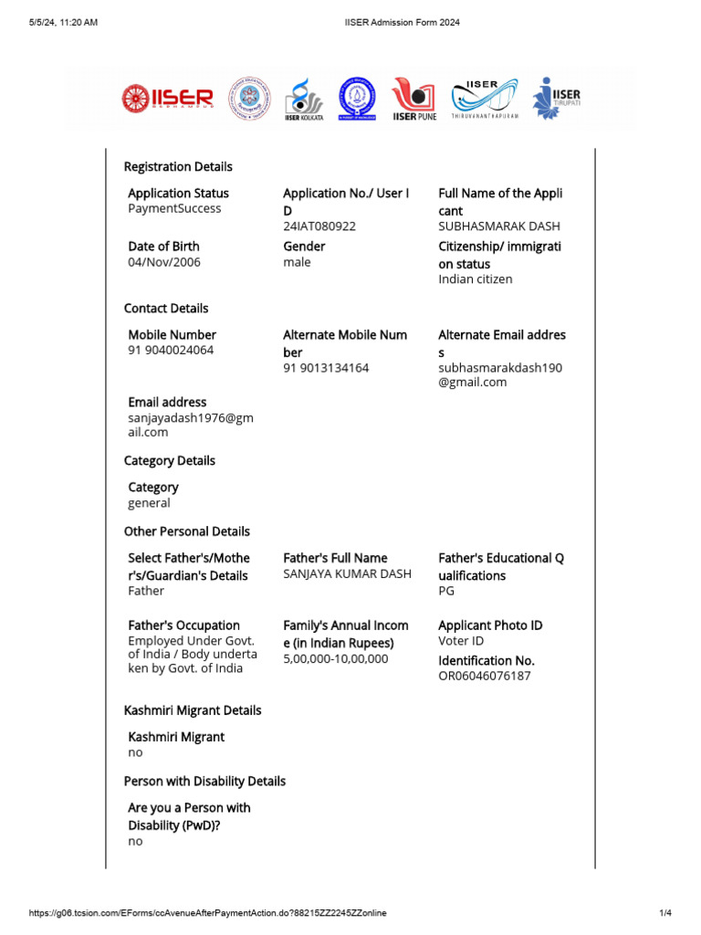 IISER Admission Form 2024 | PDF