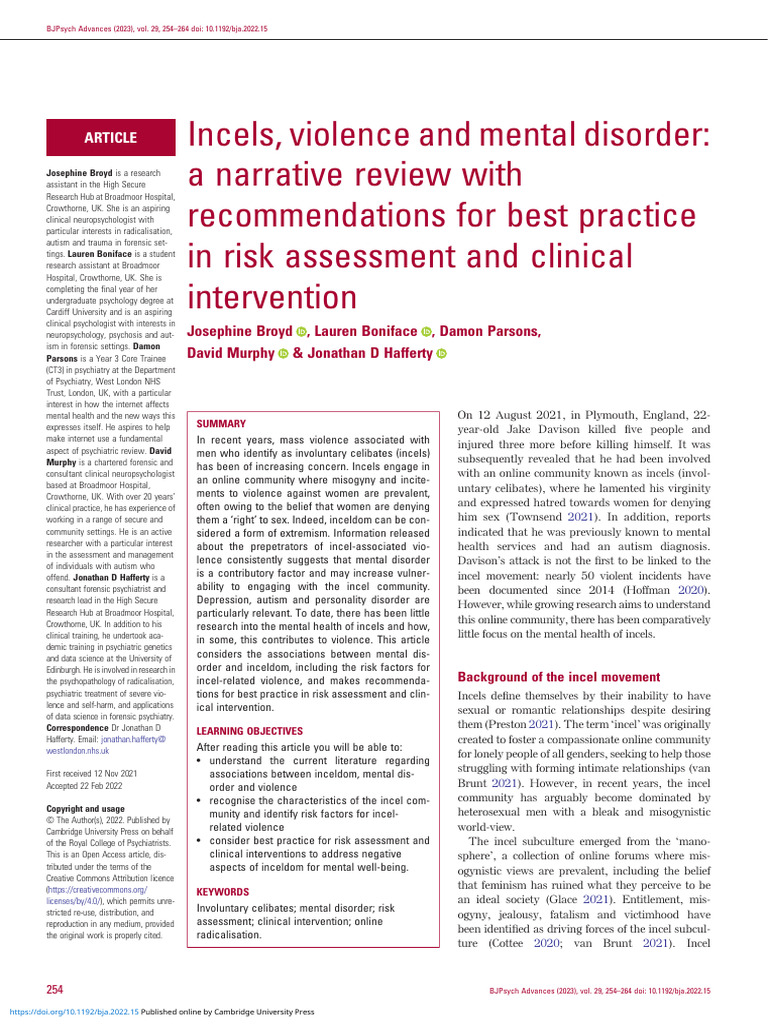 Incels Violence and Mental Disorder A Narrative Review With Recommendations For Best Practice in ...