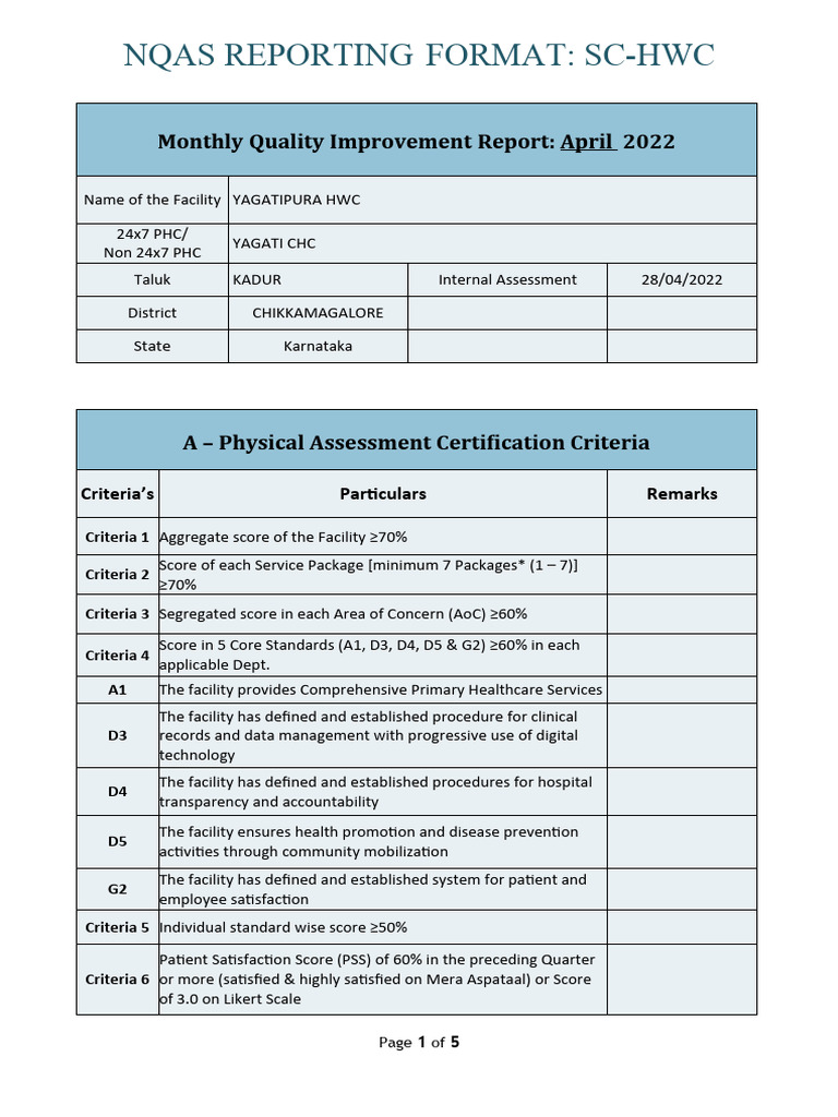 Yagatipura HWC, NQAS Reporting Formats | PDF | Health Care | Screening ...