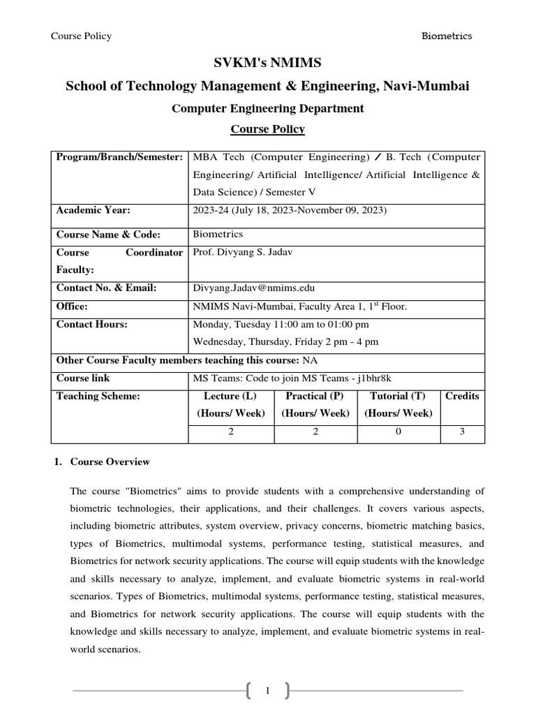 Biometrics Course Policy Overview | PDF | Biometrics | Engineering