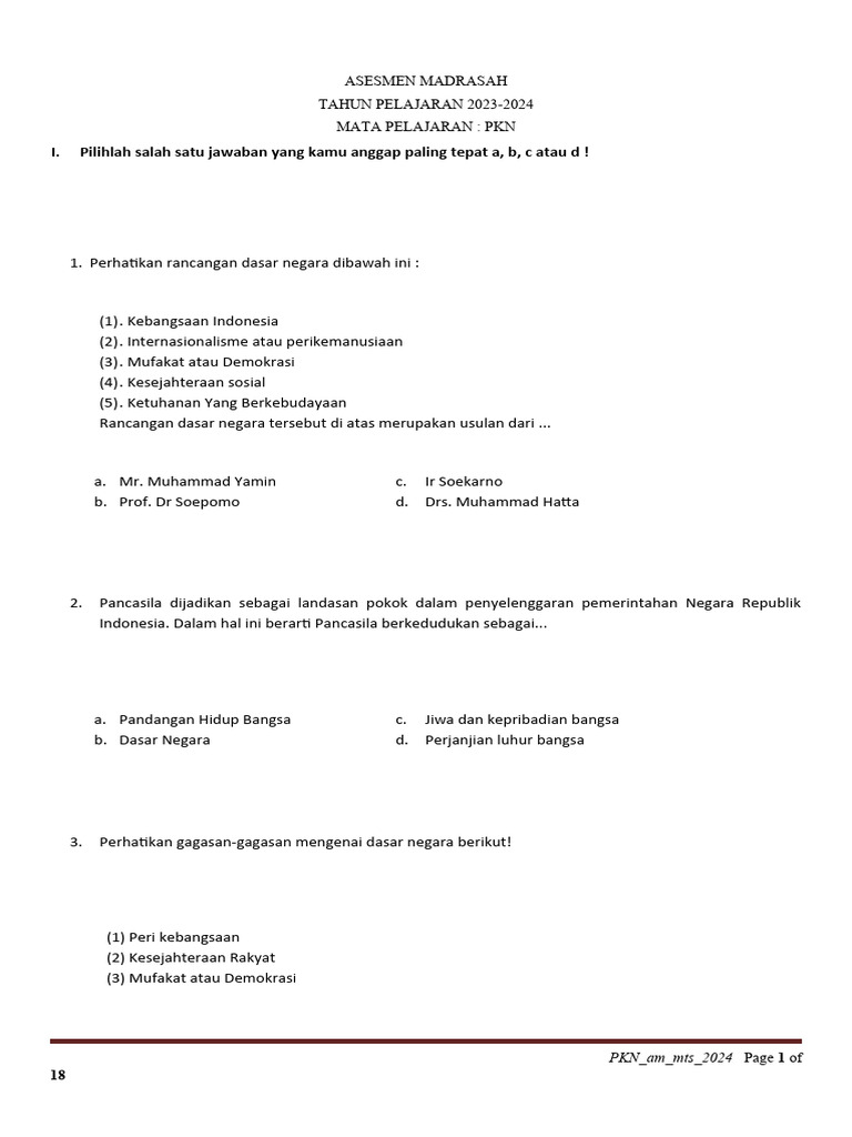 5 Soal Am PKN 2023-2024 | PDF