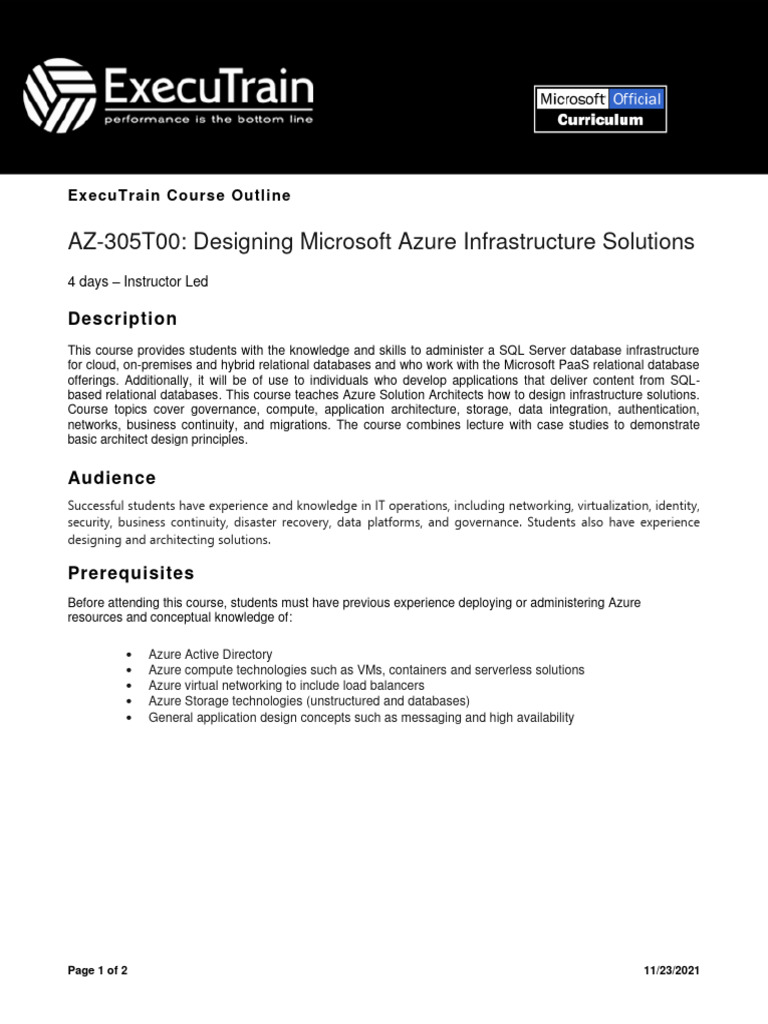 AZ-305T00 Designing Microsoft Azure Infrastructure Solutions | PDF | Microsoft Azure | Databases